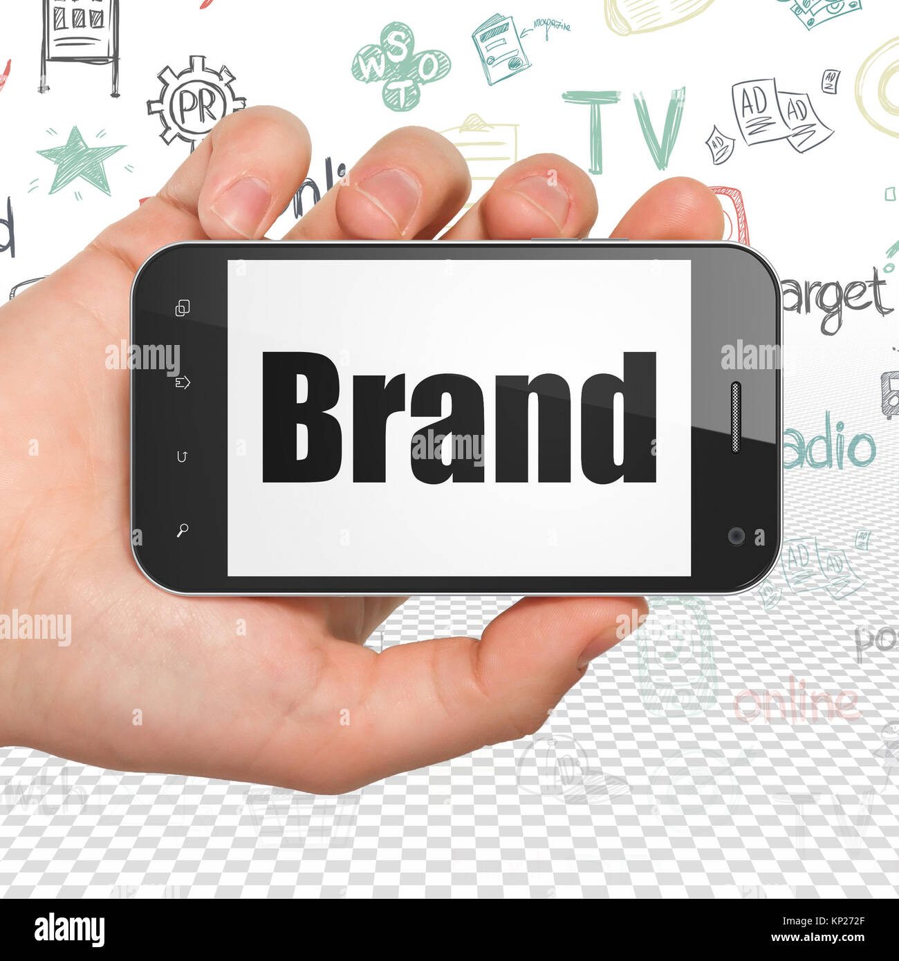 Advertising concept: Hand Holding Smartphone with Brand on display ...