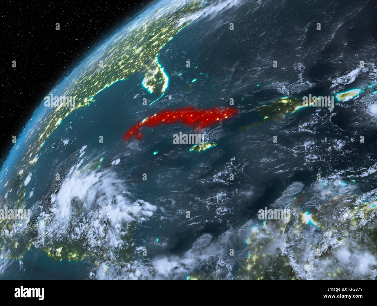 Illustration of Cuba as seen from Earth’s orbit at night. 3D ...