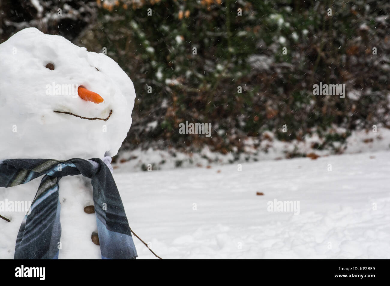 Snowman in the garden with snow falling around Stock Photo - Alamy