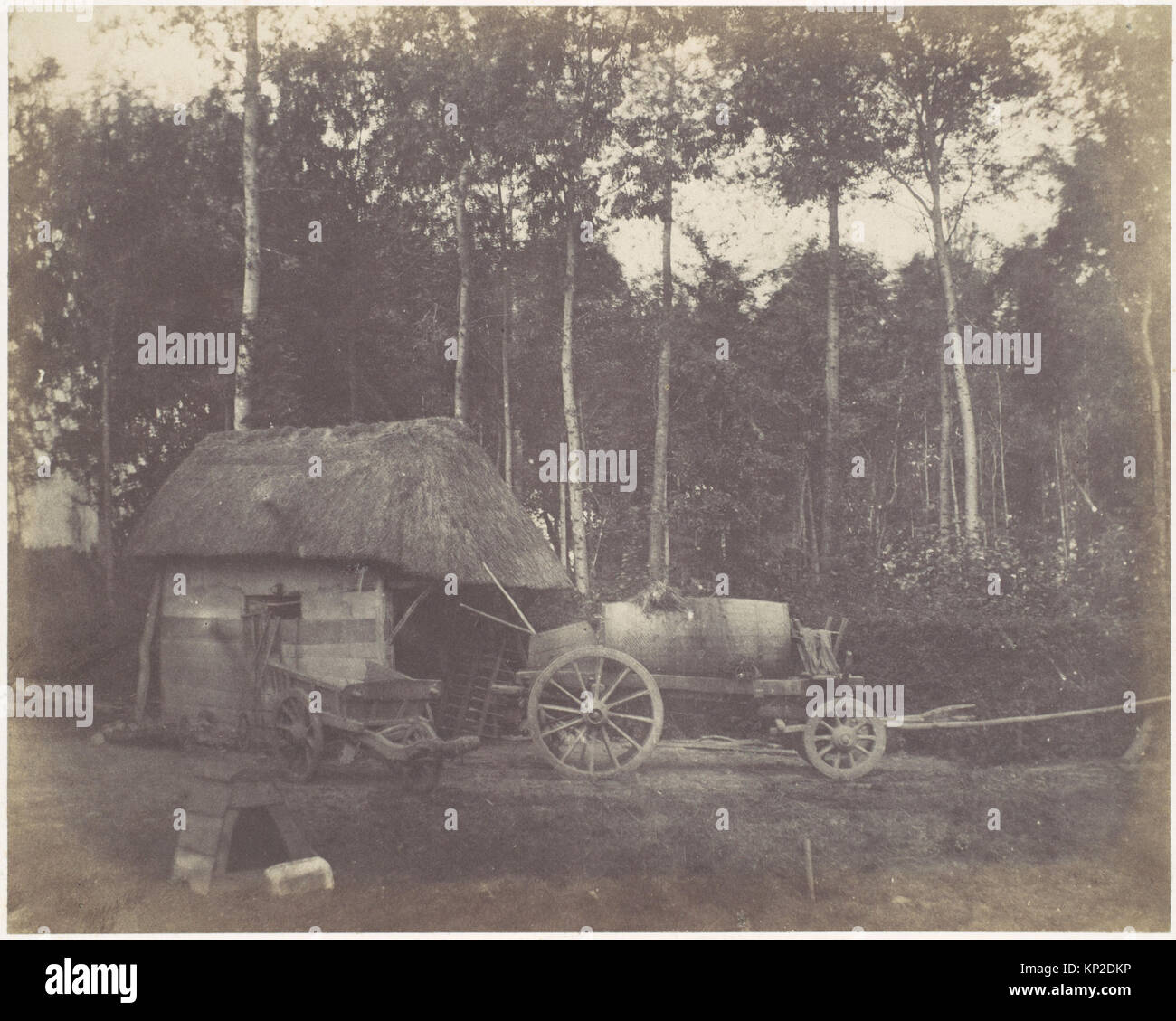 Charette devant l'entrée d'un abri au toit de chaume MET DP116205 ...