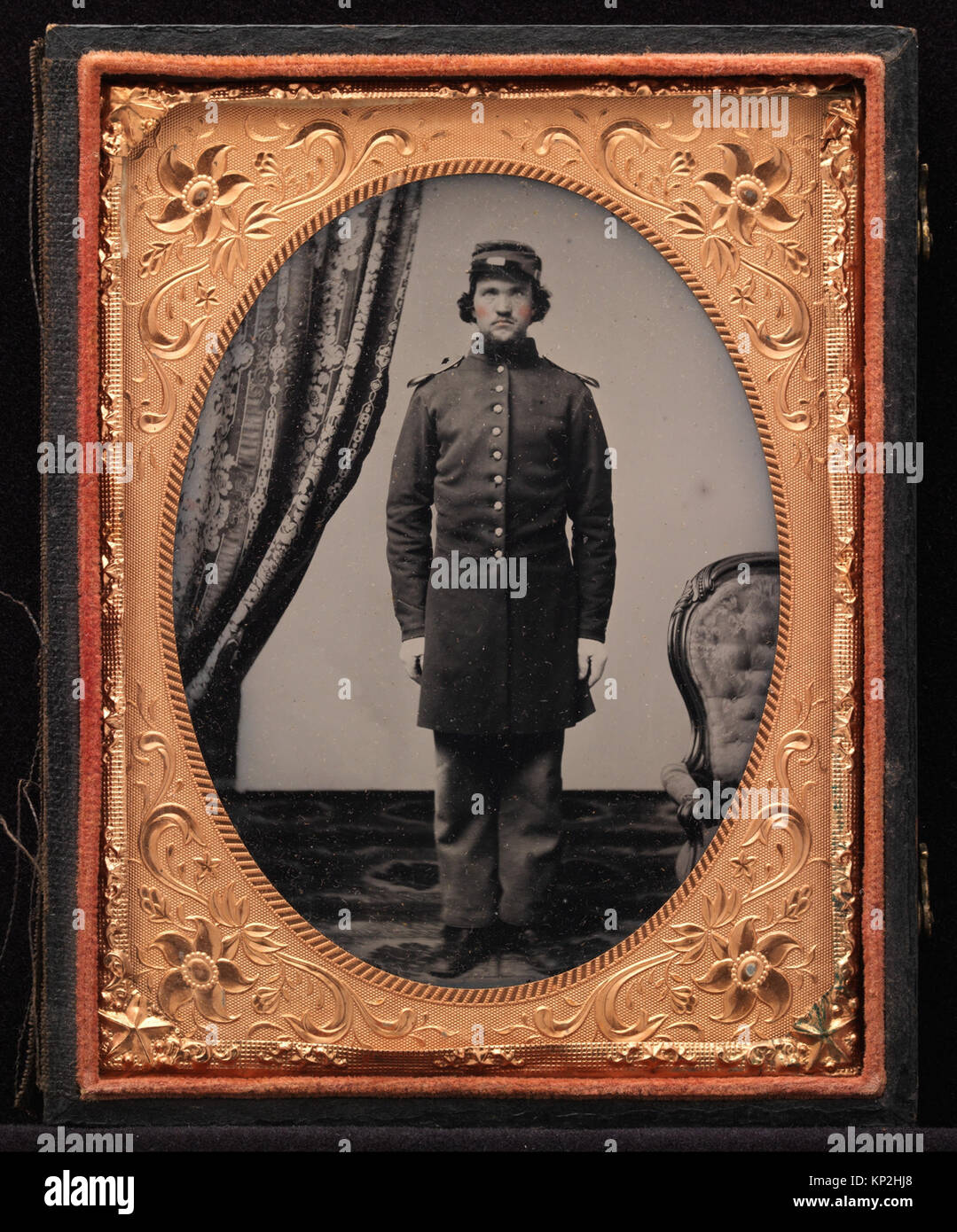 Portrait of a Union officer standing at attention, showing uniform ...