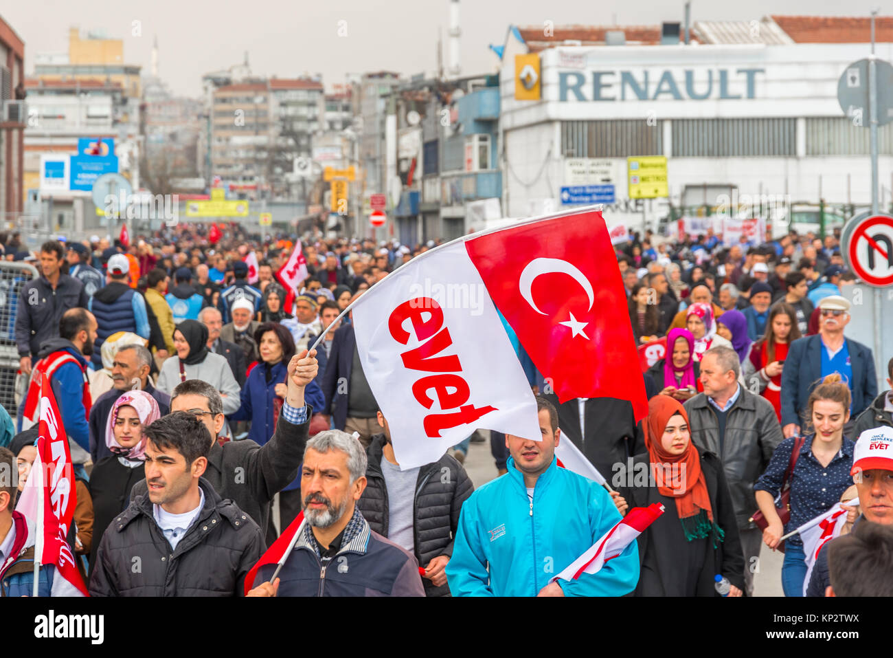 AKP (Justice and Development Party) supporters shout slogans and wave ...