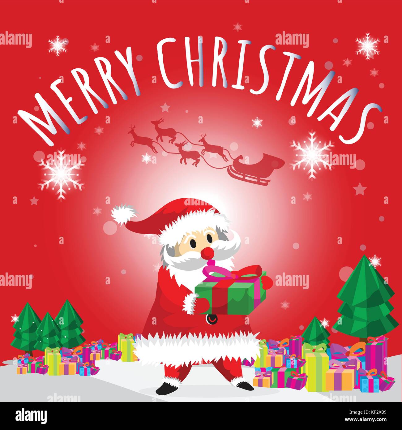 Santa Carry Gift and Merry Christmas Red Background Tree and Gift ...