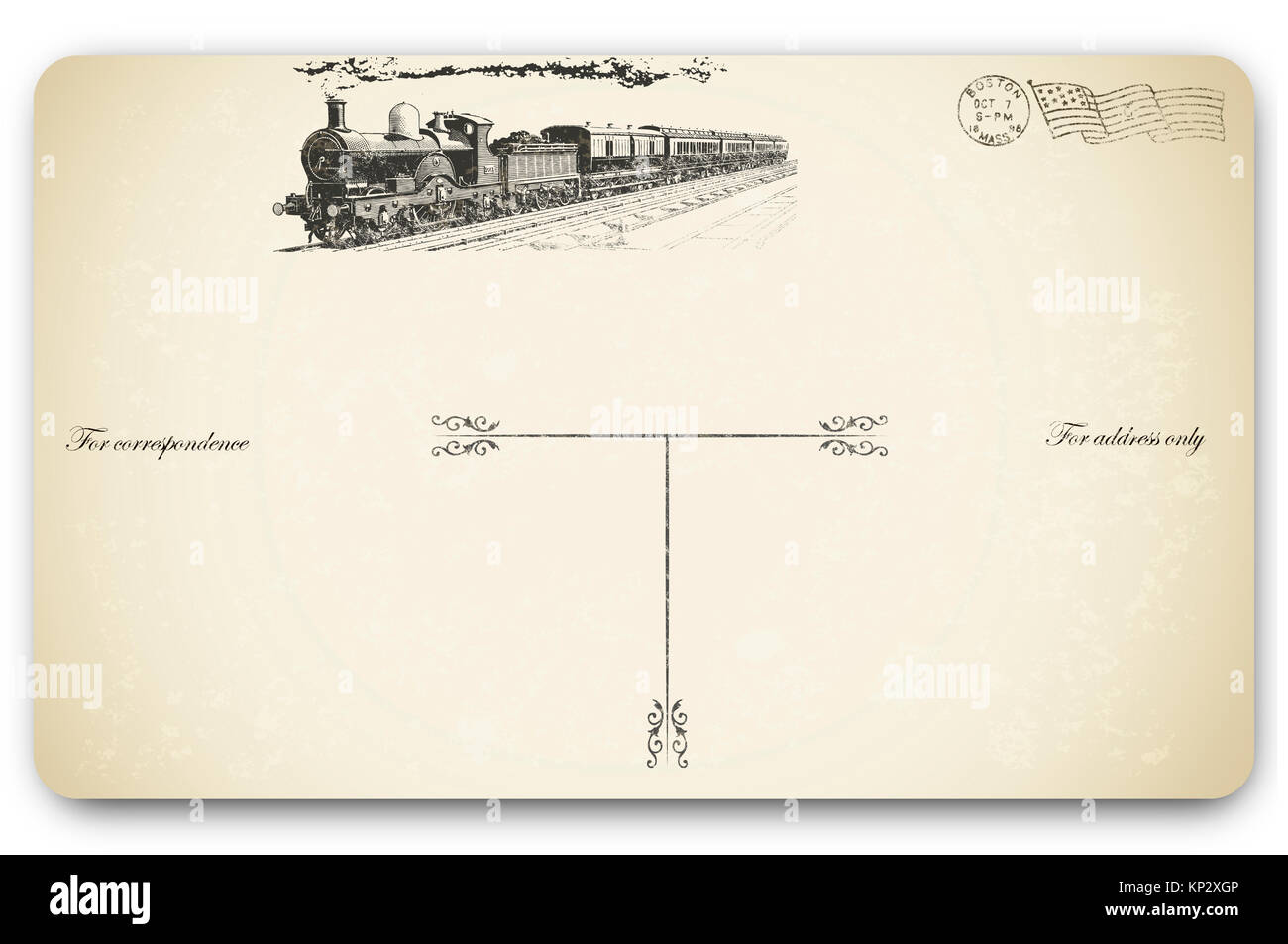 Old postcard with image of train and postal stamp Stock Photo - Alamy