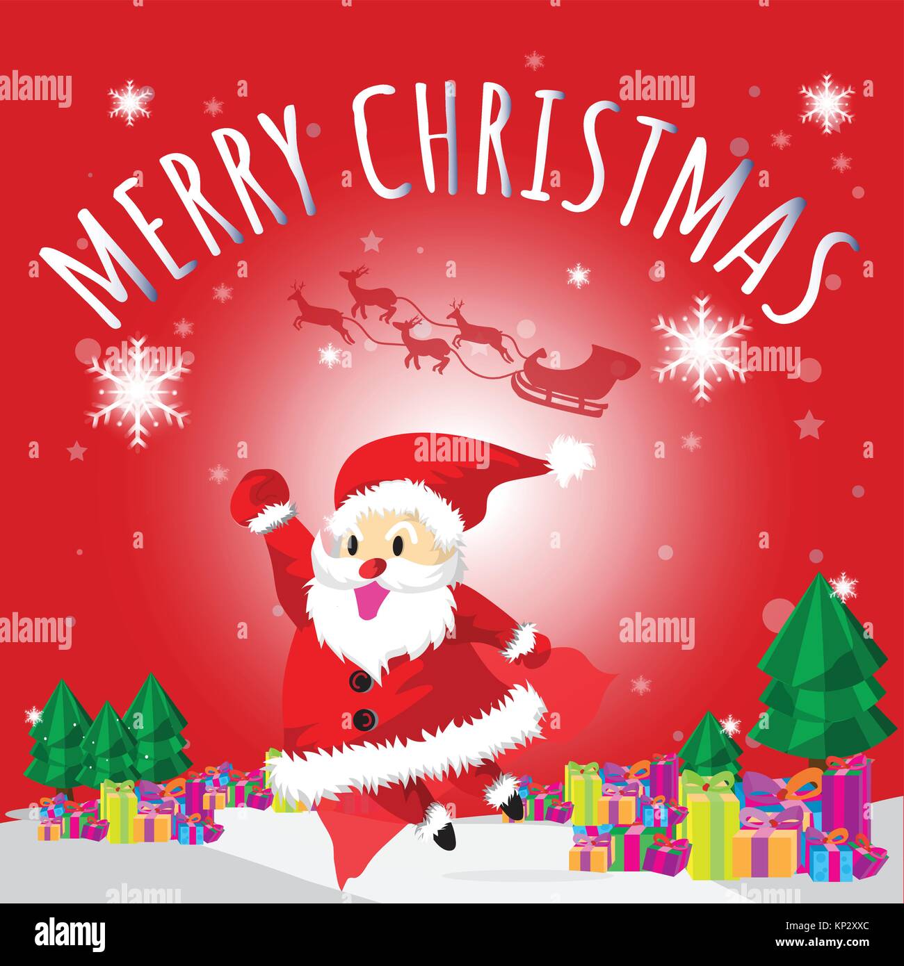 Santa Fly and Merry Christmas Red Background Tree and Gift Cartoon ...