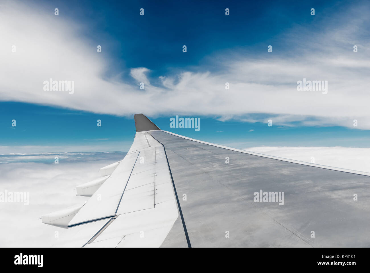 steel wing of the airplane close-up and light clouds at high altitude ...