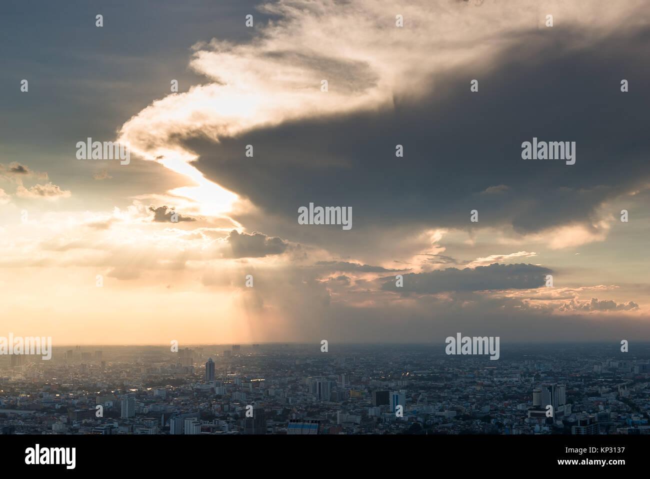 view of the city of Bangkok from a skyscraper, heavy cloud over the ...