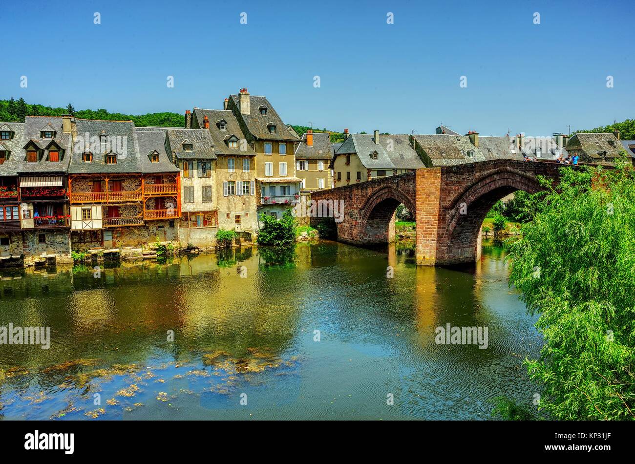 Lot River and old bridge, Espalion, Aveyron Department, Occitane ...
