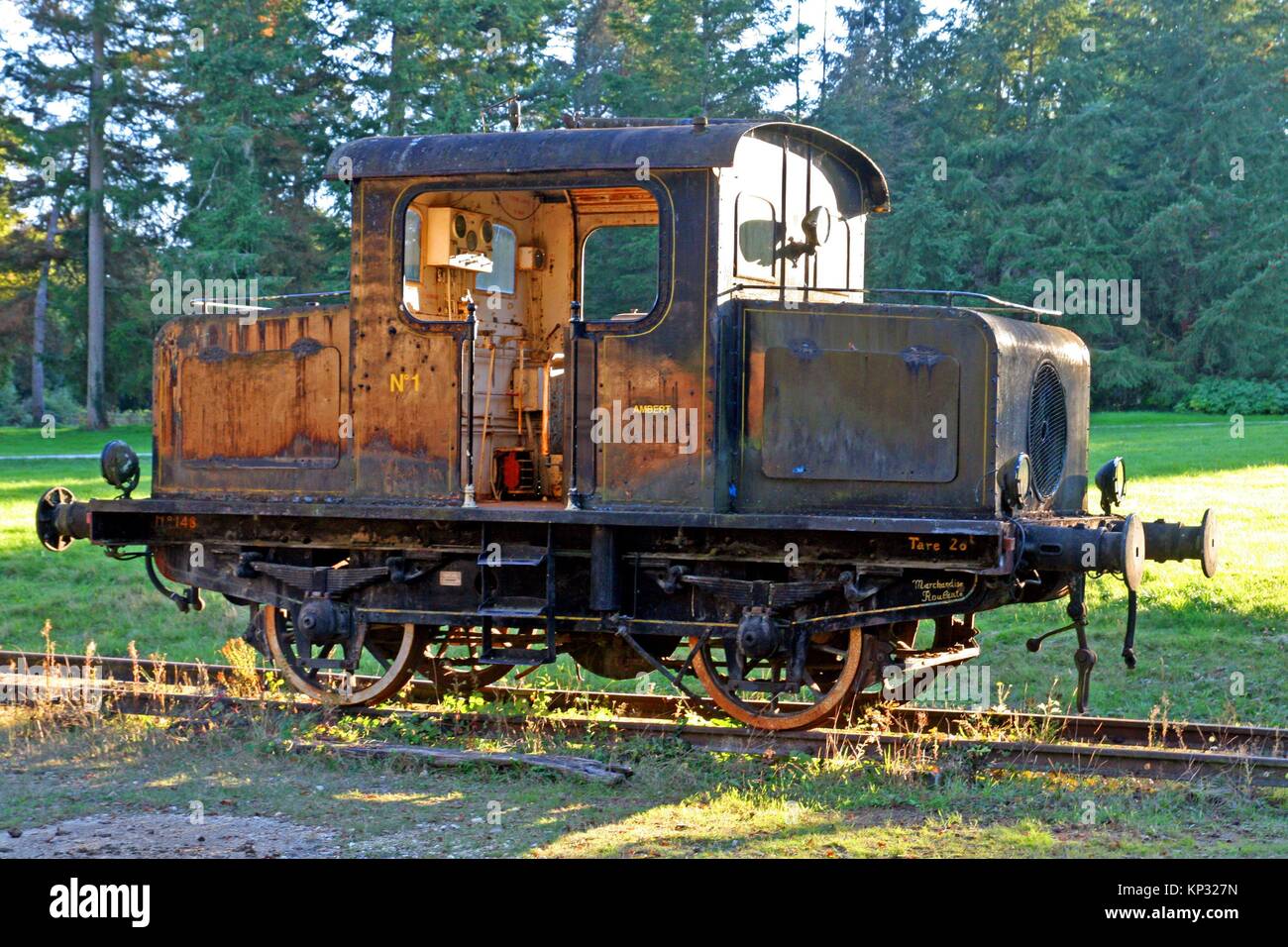 Old train locomotive, castle of Saint-Fargeau, France Stock Photo - Alamy