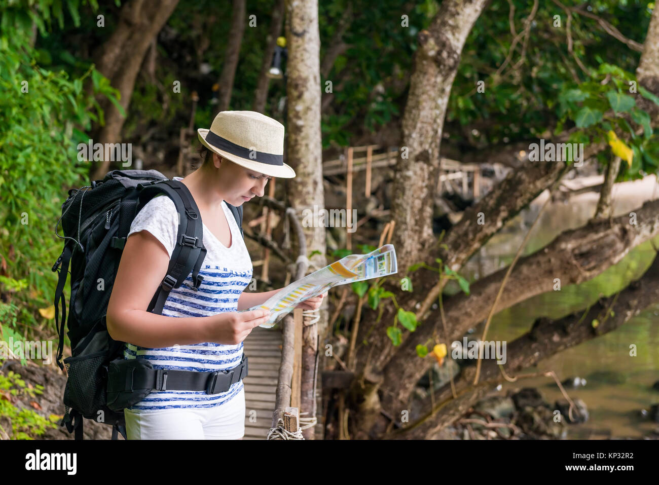 lost tourist with a map and a backpack is looking for a route Stock ...