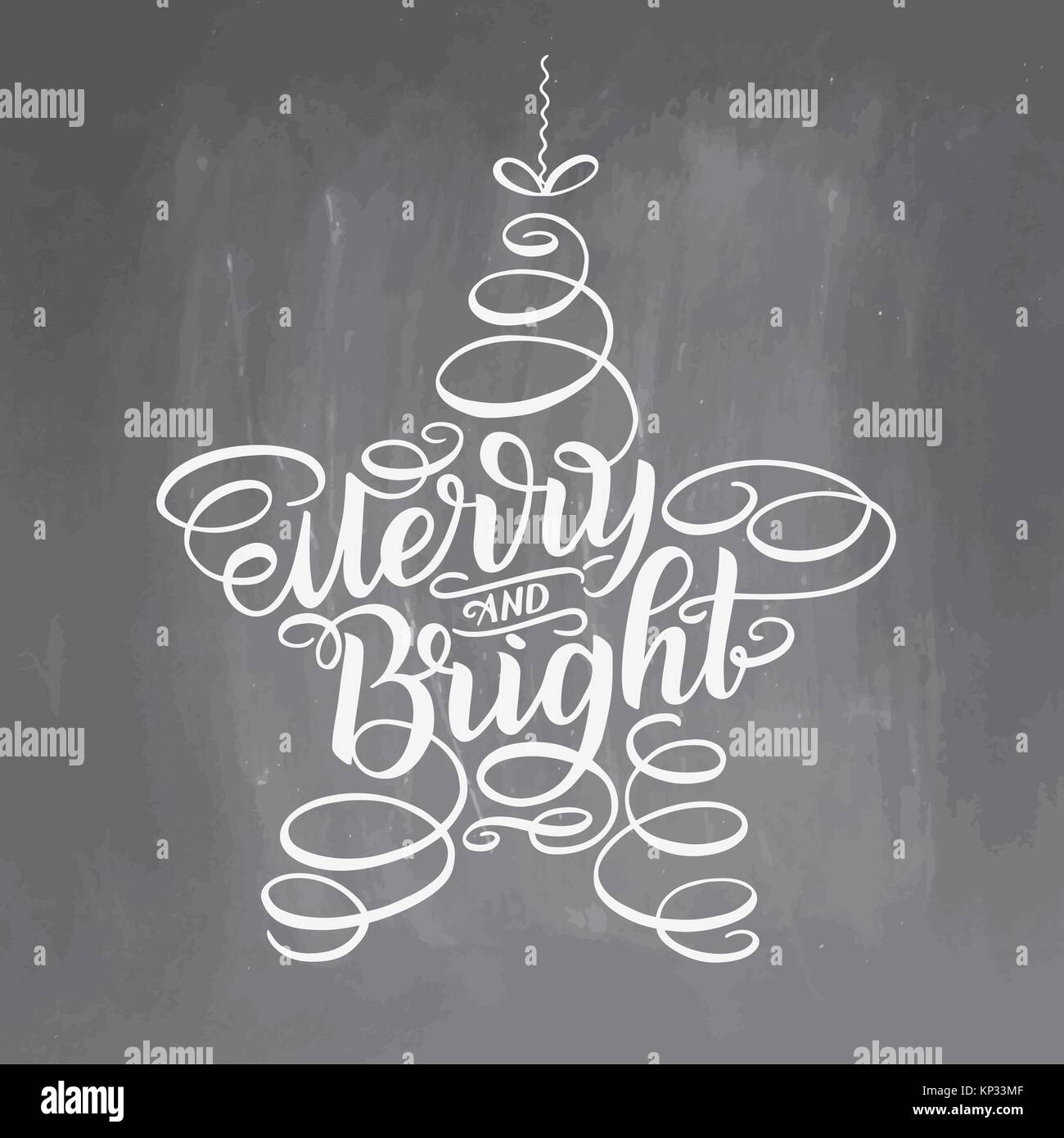 Merry and bright lettering framed in star tree toy. Hand drawn ...