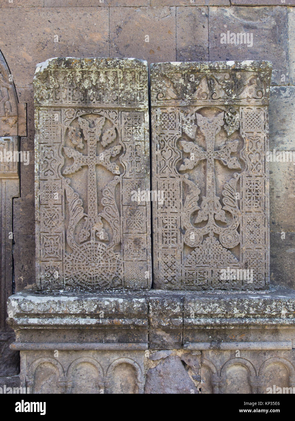 Close up of khackar or cross stone in the Goshavank Monastery Complex ...