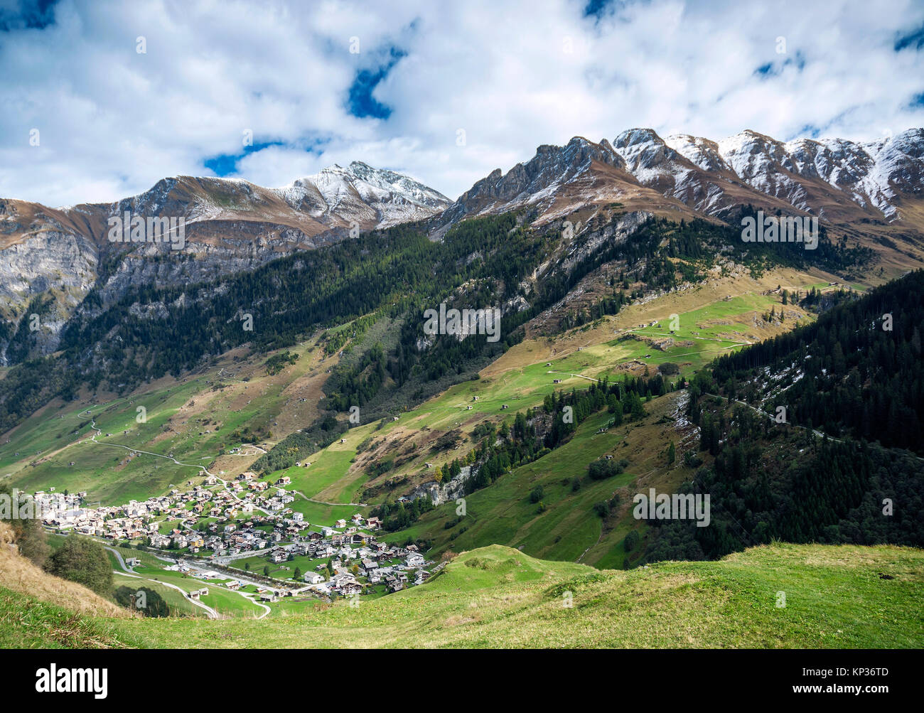 vals village alpine valley landscape and homes in central alps ...