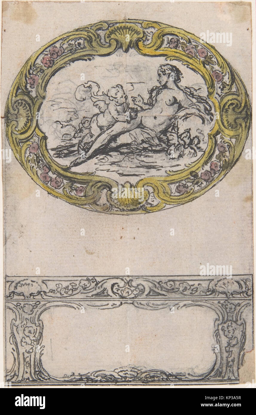 This illustration shows a design for an oval gold box, focusing on its ...