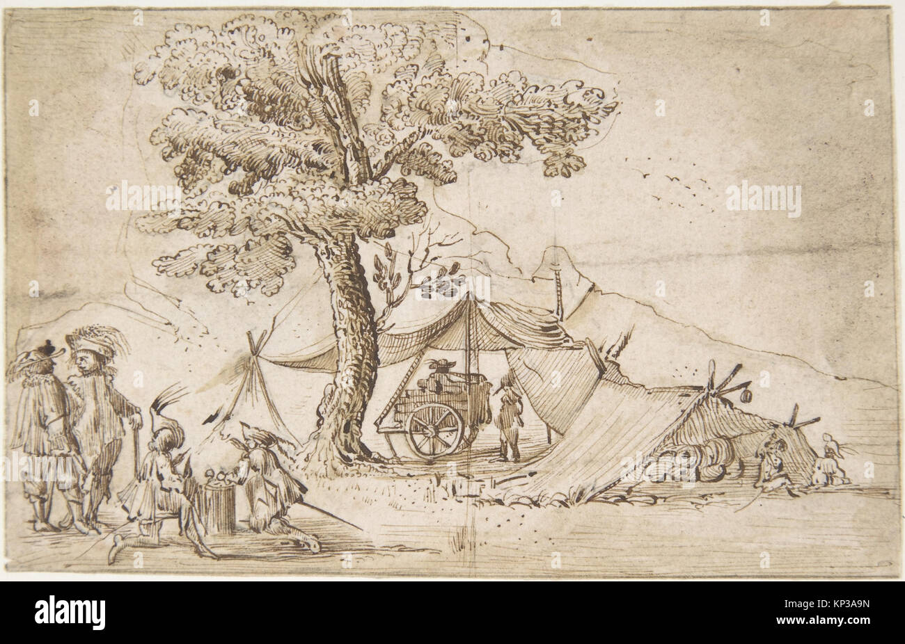An illustration showing a temporary military camp with soldiers, tents ...