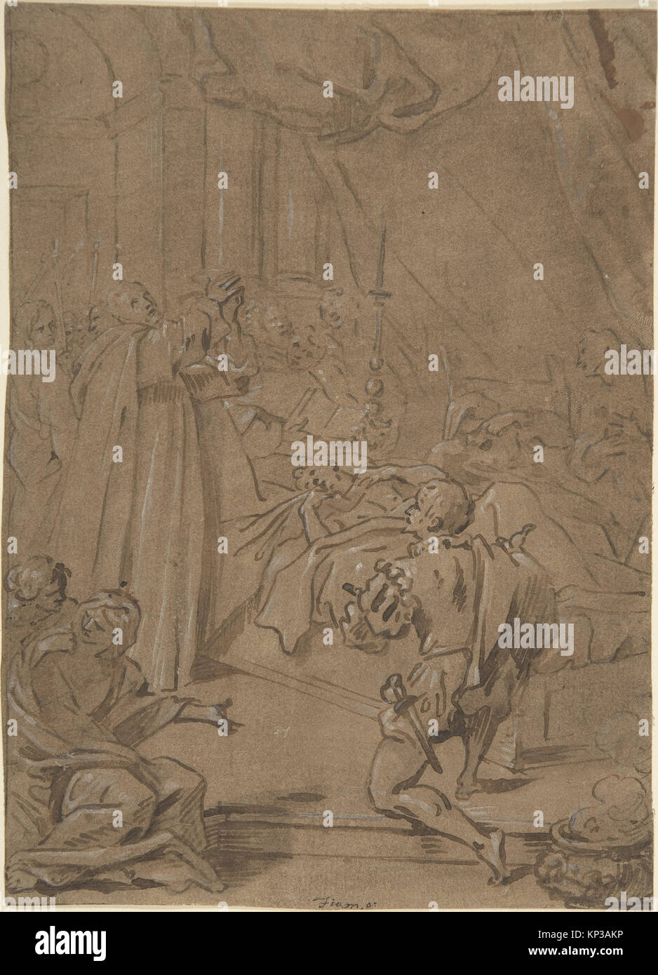 Depiction of a deathbed scene with a person surrounded by attendants ...