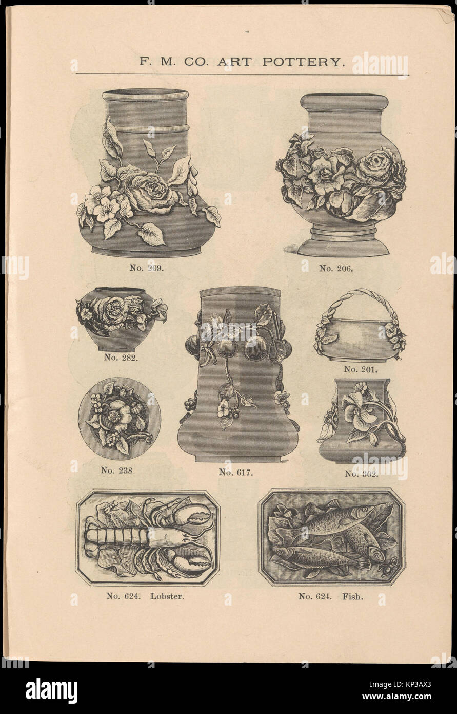 This catalogue presents F.M. Company art pottery, including barbotine ...