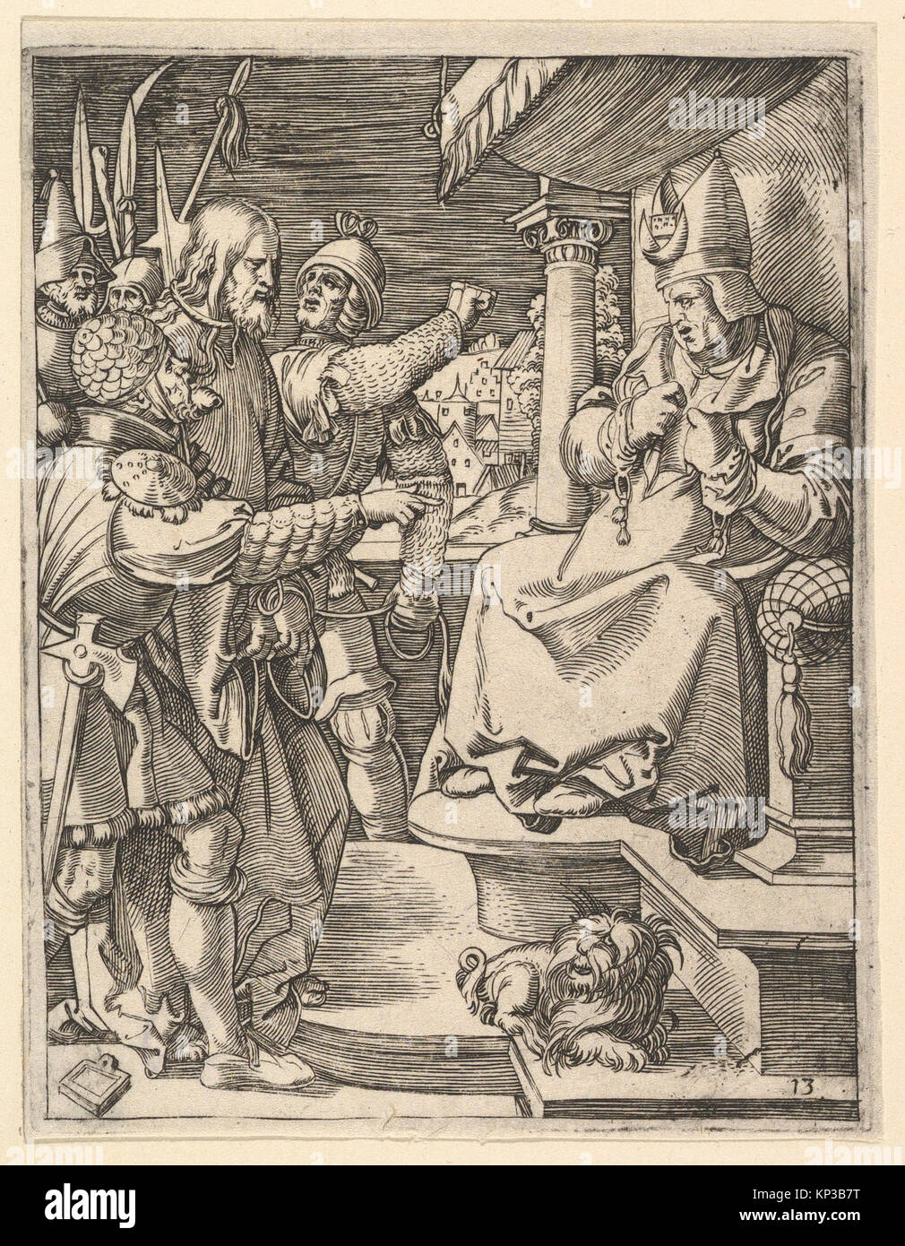 Christ before Caiaphas- soldiers present Christ to seated hight priest ...