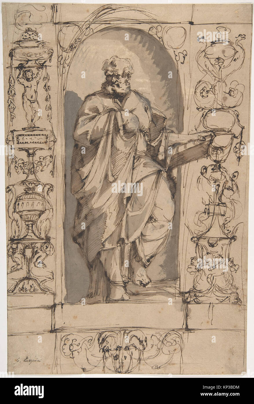 Illustration of a draped male figure standing in a niche, highlighting ...
