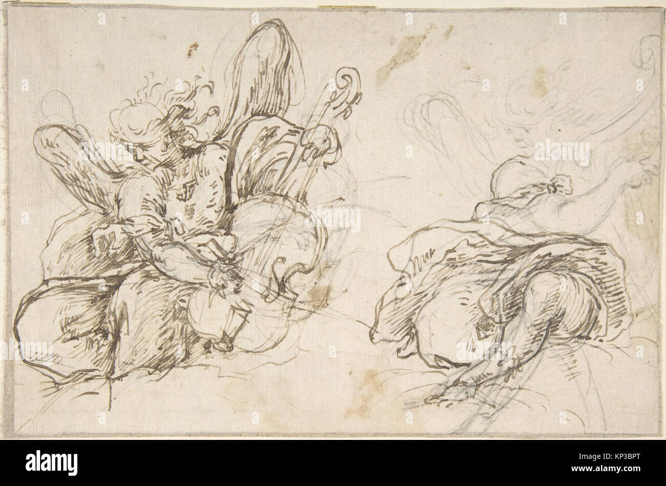Illustration depicting two angels playing musical instruments, showing ...
