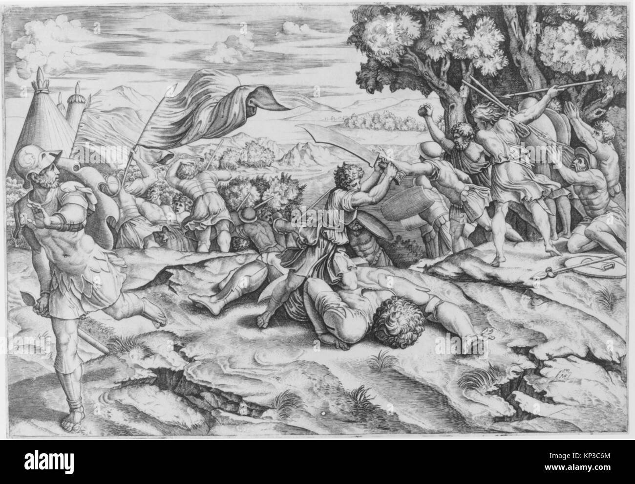 David raising sword to decapitate a fallen Goliath among battling ...