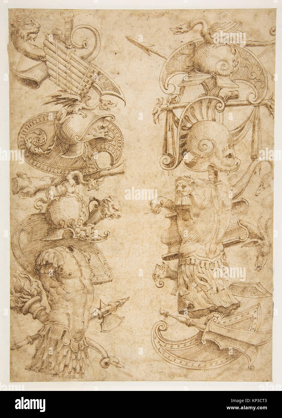 This piece illustrates ornamental military trophy designs on recto and ...