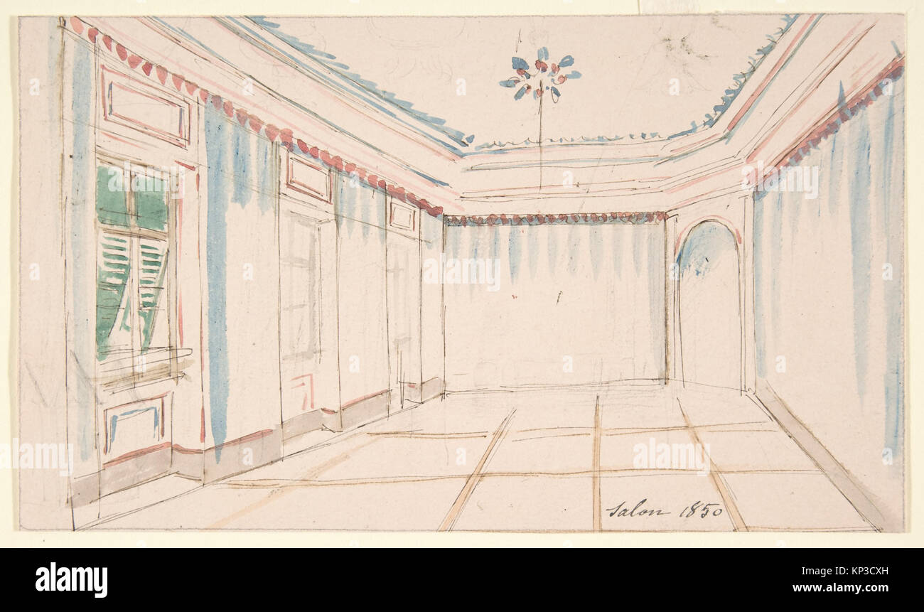 Drawing of a salon interior showing furniture arrangement ...