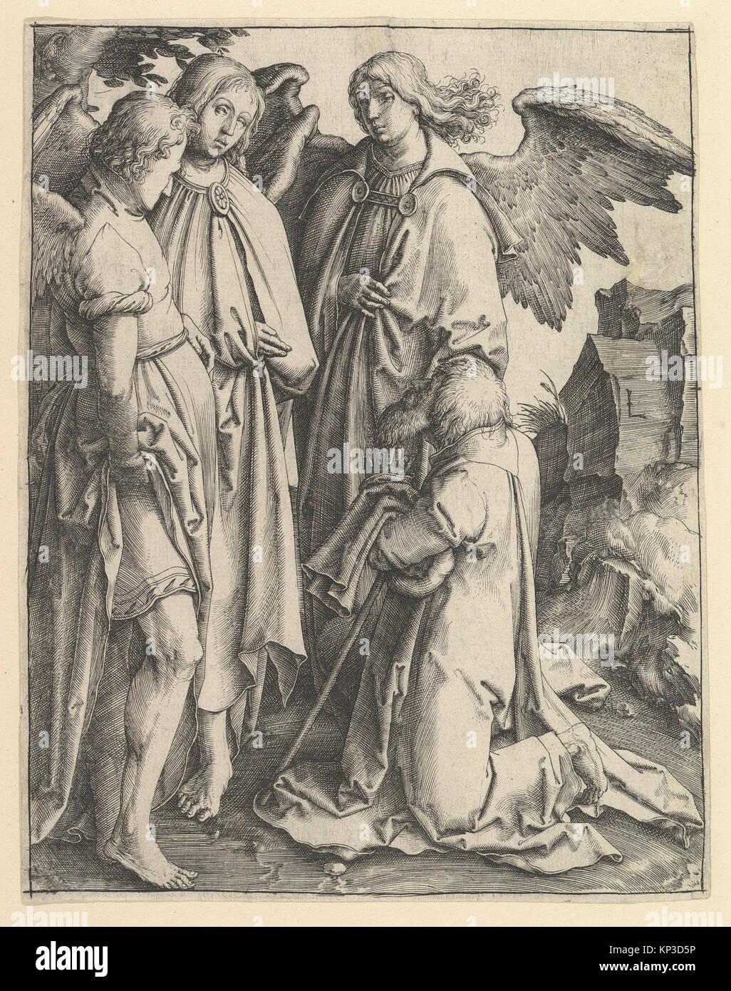 An illustration depicting Abraham with three angels, documented in the ...