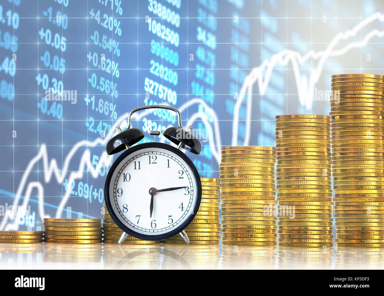 stacks of gold coins step with the vintage clock over the LED display ...