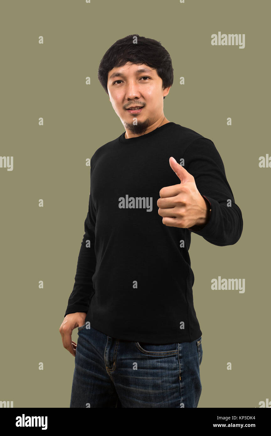 Asian guy wearing blank crew neck long t-shirt while standing on the ...