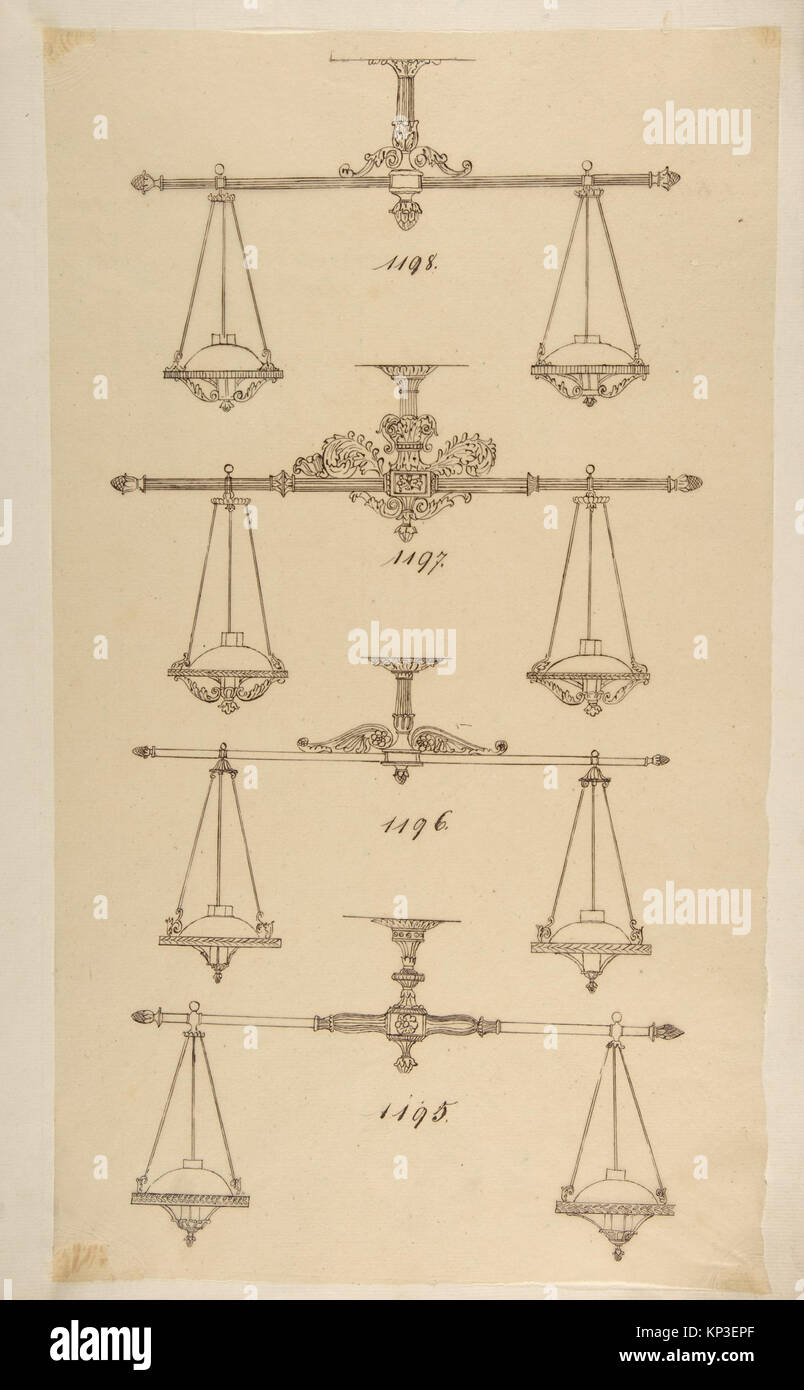 Four illustrated designs for hanging light fixtures, showing structural ...