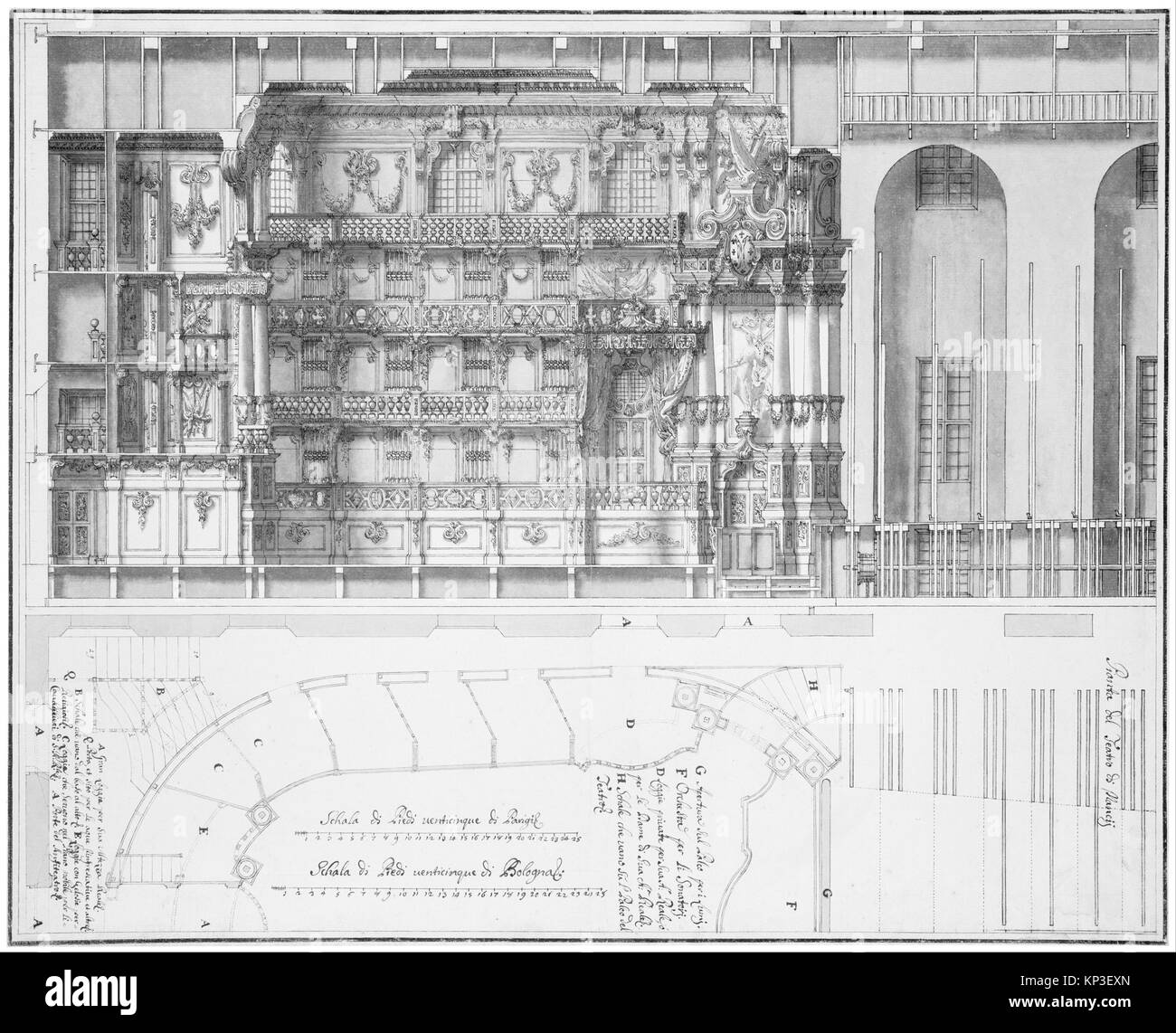 Architectural drawing showing the longitudinal section and half ground ...