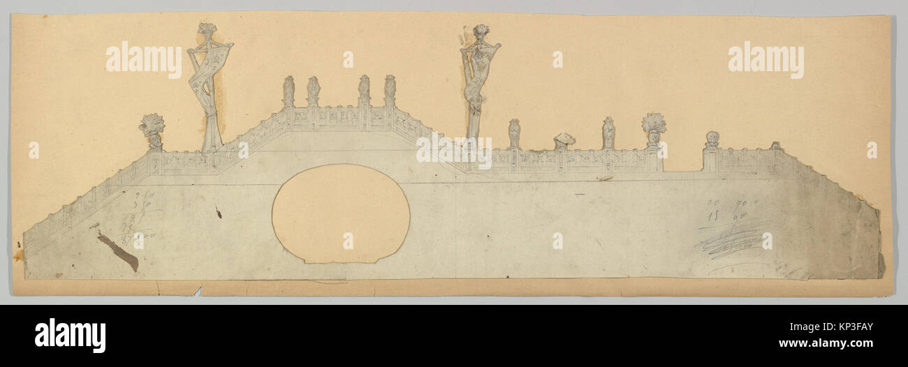 Illustration of a stage set design, including backdrop, props, and ...