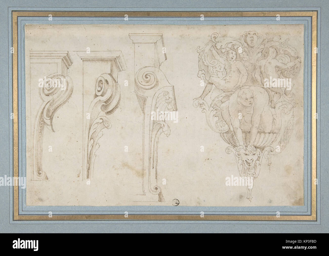 Drawing of three consoles featuring decorative foliage, volutes, and a ...