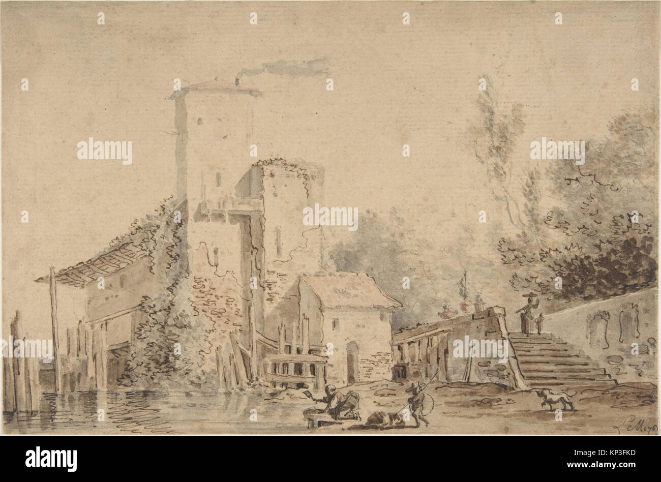 Depiction of a farm house near a river with people and natural ...