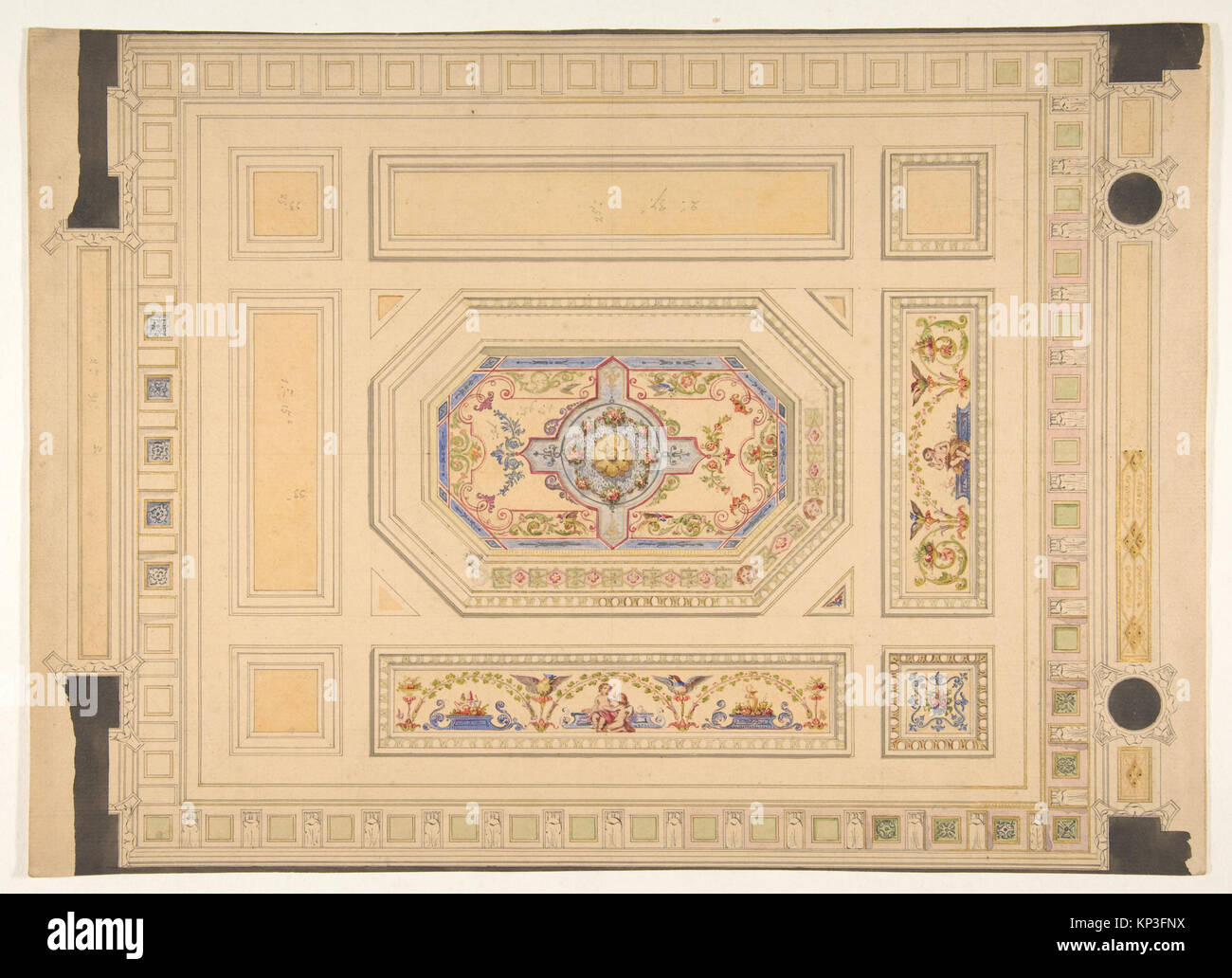 This design shows a paneled ceiling decorated with putti, birds, and ...