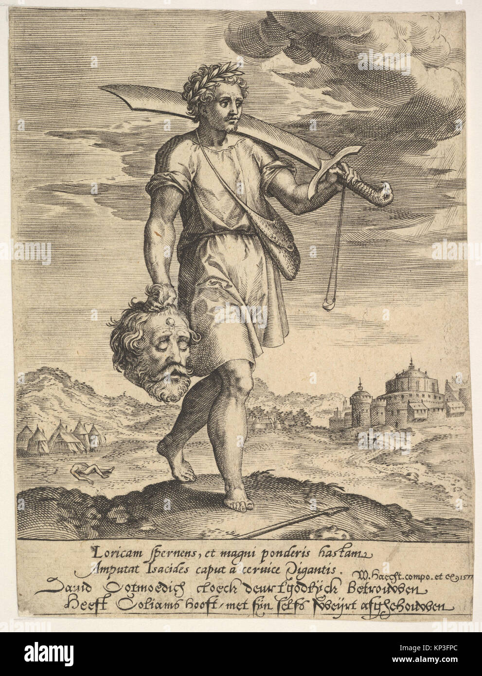 This illustration depicts the biblical figure David holding the severed ...