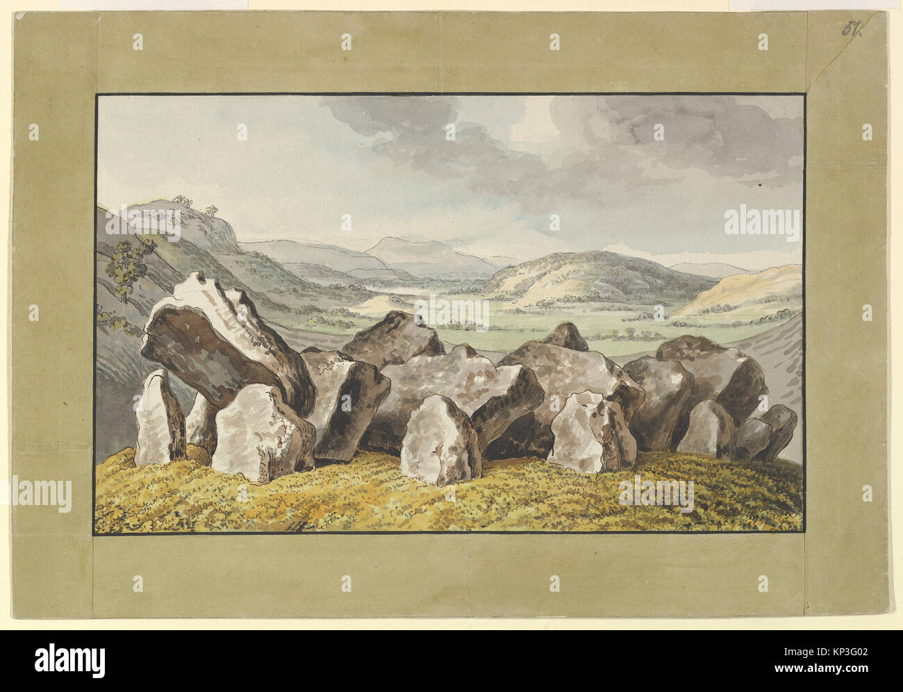 Illustration of a prehistoric stone circle on a mound with a wide ...
