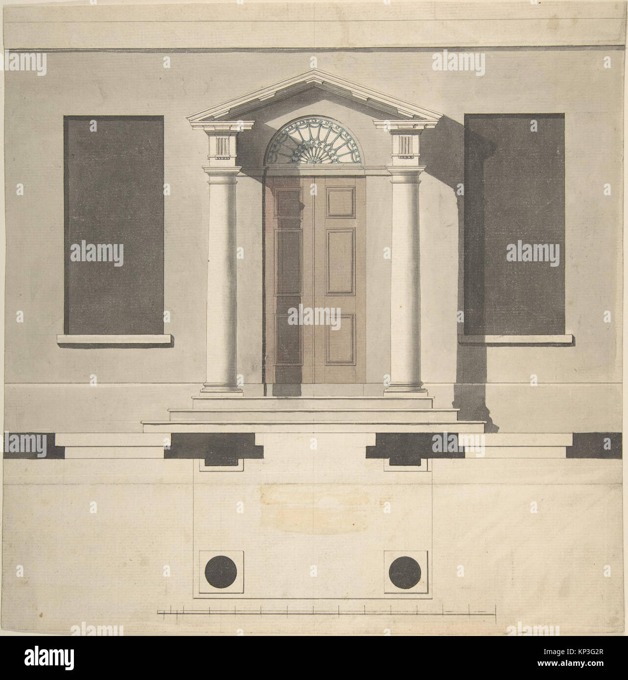 Architectural illustration showing plan and elevation of a Doric porch ...