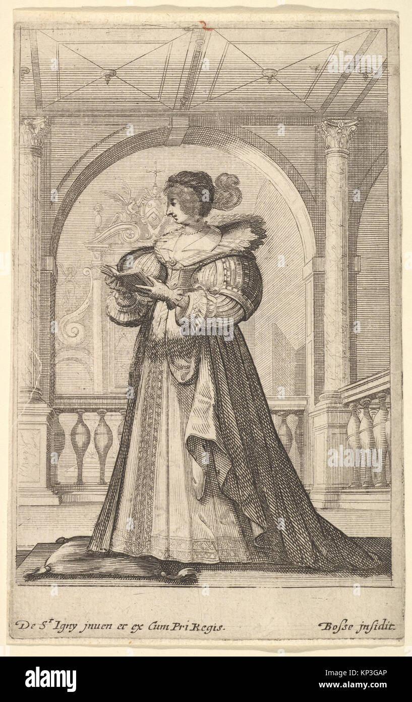 A woman standing, facing the left in profile, wearing a hat and a lace ...