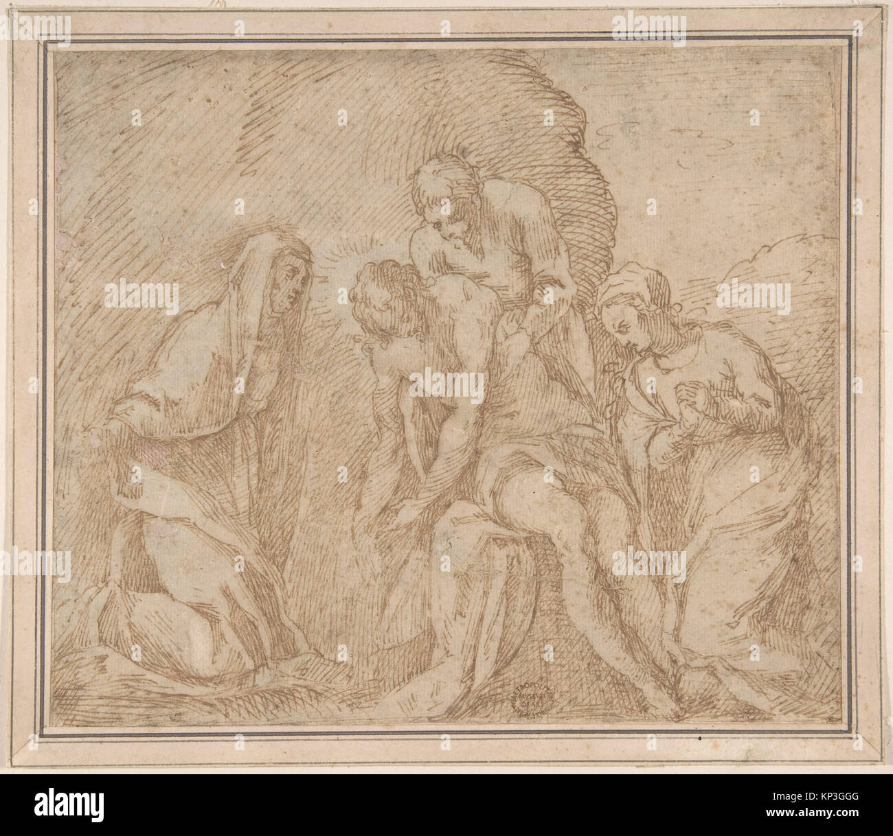 Depiction of a burial scene showing figures placing a deceased ...
