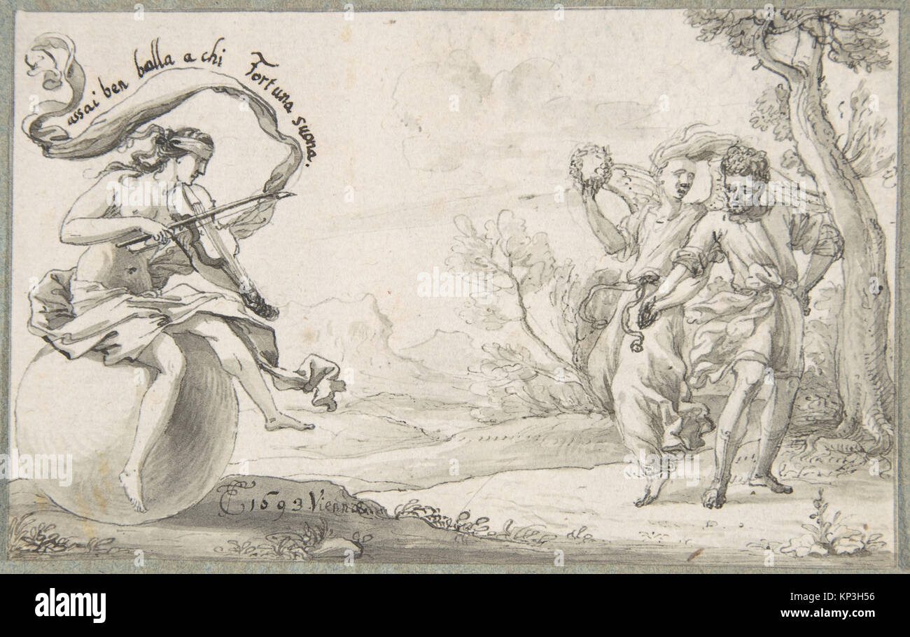 This drawing shows a dancing pair accompanied by a blindfolded figure ...