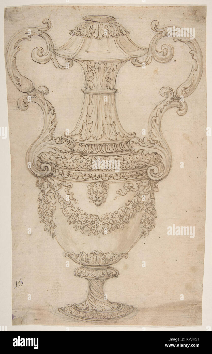 This illustration depicts a vase with handles decorated with a festoon ...