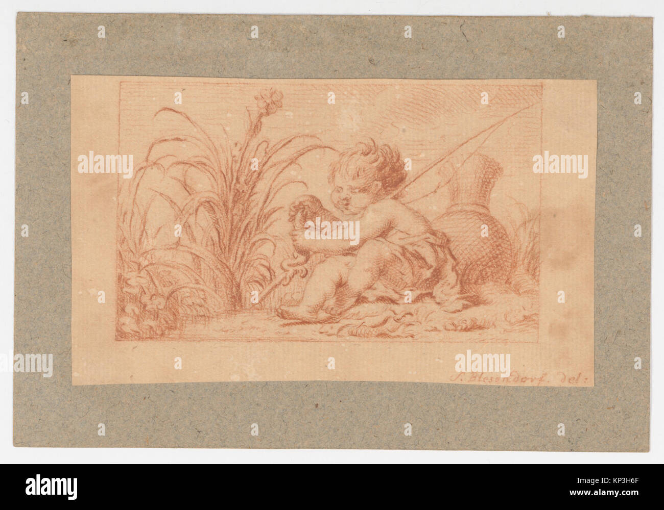 Drawing of a putto engaged in fishing, rendered in red chalk by Sophia ...