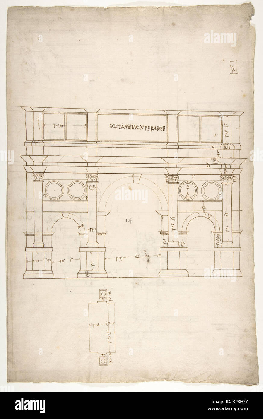 A vintage illustration of the Arch of Constantine, showing elevation ...