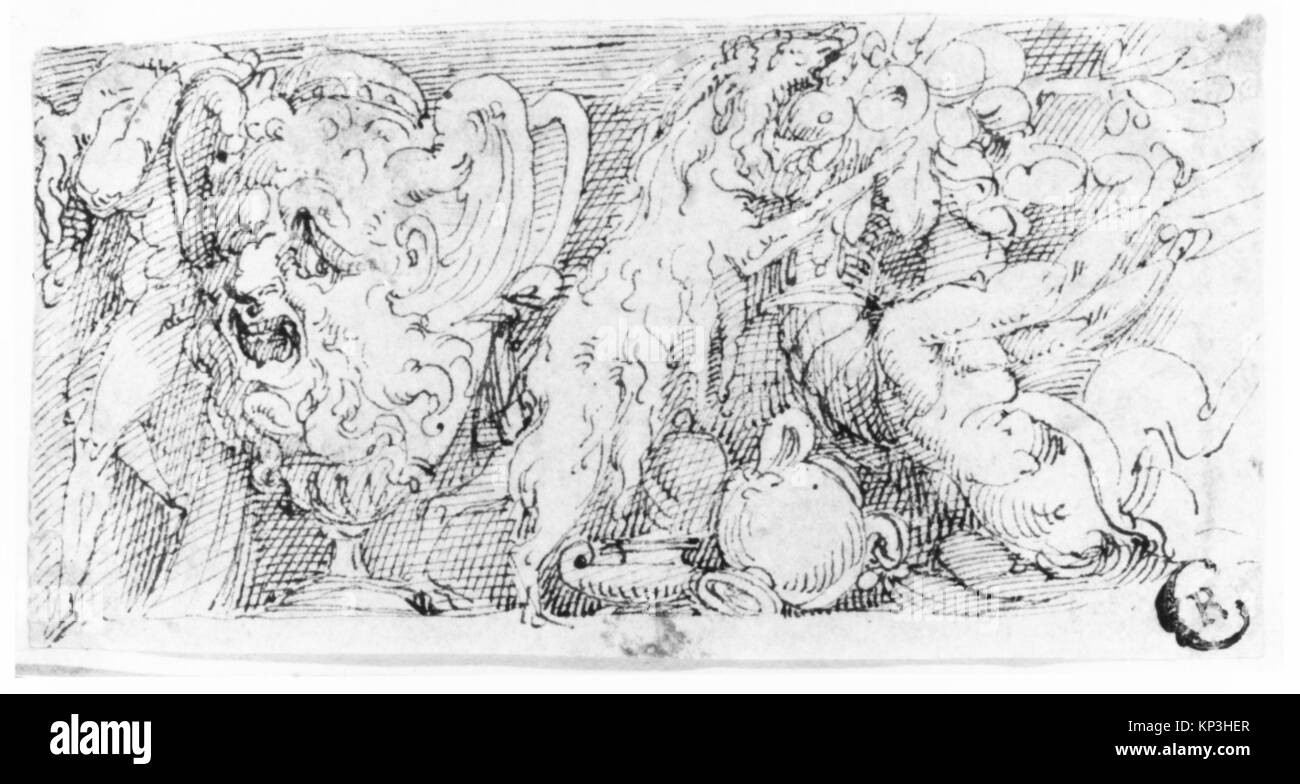 Illustration of a frieze design featuring a grotesque vase, a festoon ...