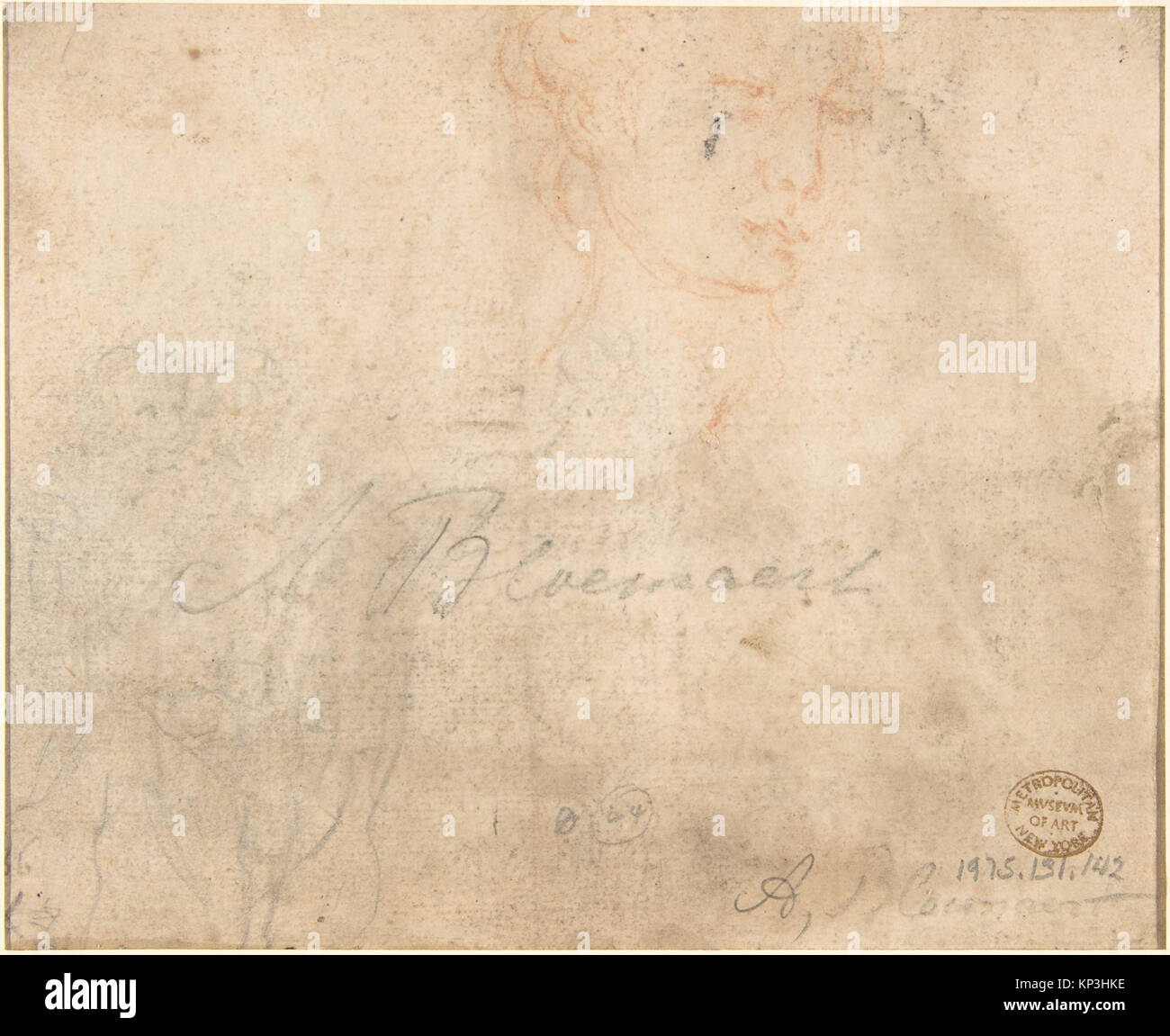Sketch showing a farm building on one side and a woman's head with a ...