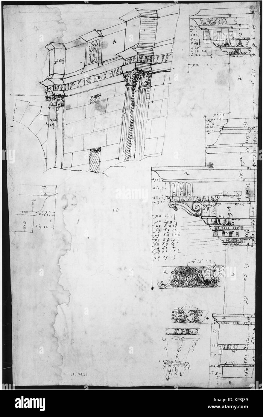 Composite capital, plan, elevation, and details; frieze, detail (recto ...
