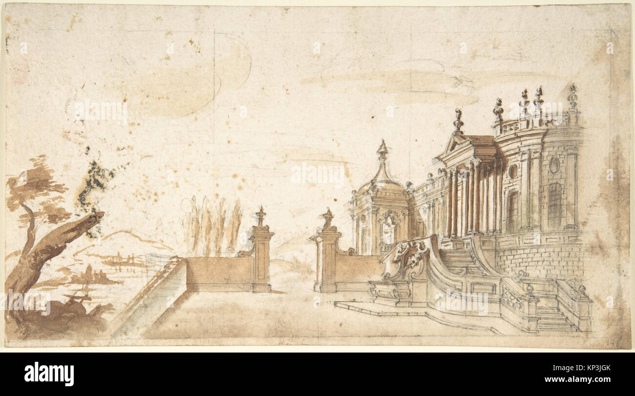 This illustration depicts an architectural fantasy, showing imaginative ...