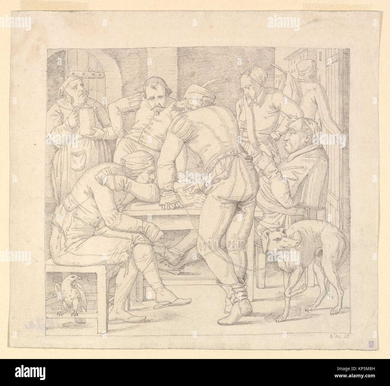 Depiction of five men in German Renaissance clothing playing cards at a ...